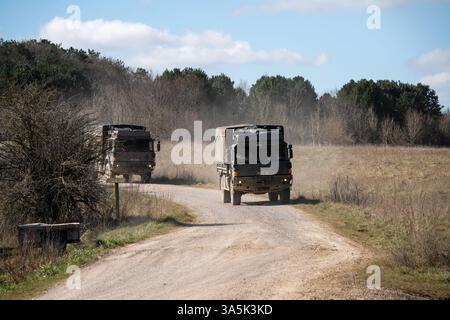 Convoy of British army MAN SV 8x8 EPLS and HX utility logistics trucks ...