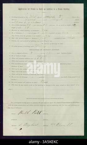 This permit, granted on July 3, 1888, is for an addition to a frame ...
