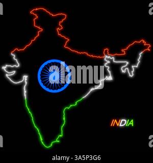 INDIA outline map with neon glowing lines on dark background ...