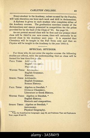 Carleton College’s 1900-1901 catalog features academic courses, faculty, students, historical ...