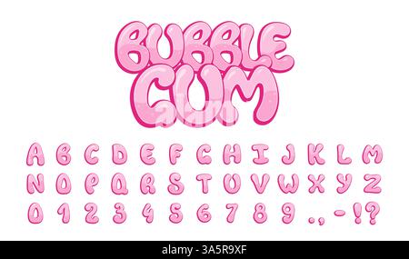 Bubble gum font. Sweet pink chubby letters, glossy lollipop candy ...