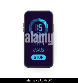Mockup with blue stopwatch smartphone on white background. Flat design. Digital communication ...