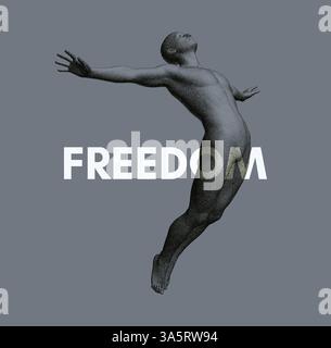 Leadership, freedom or development concept. Jumping man. 3D human body ...