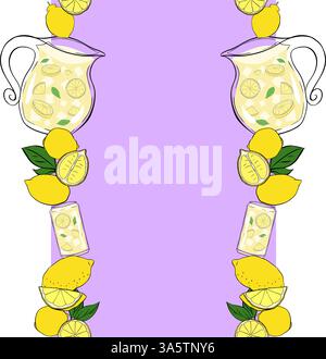 Lemonade with lemons whole and slices, green leaves seamless horizontal ...