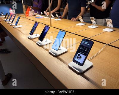 Apple iPhones on display at an Apple retail store, New York, NY ...