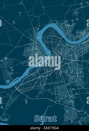 Detailed map poster of Surat city administrative area. Blue skyline ...