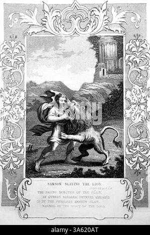 Samson Slaying the Lion (Judges) Steel Engraving by Alexander Fletcher ...