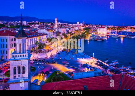 Aerial drone shot of Diocletian Palace by port riva in Split old town ...
