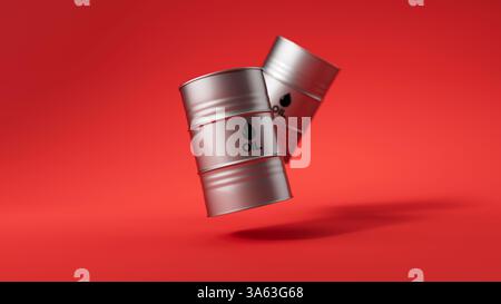Two floating silver metal oil barrels on black background. Front view ...