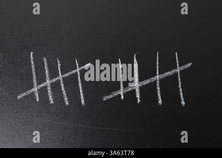 Counting days by drawing sticks with chalk on blackboard, closeup Stock ...