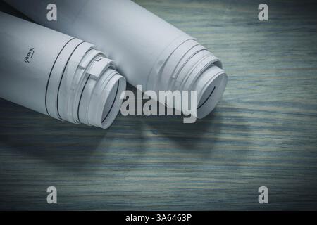 Close up view rolled blueprints hammer goggles on wood board Stock ...