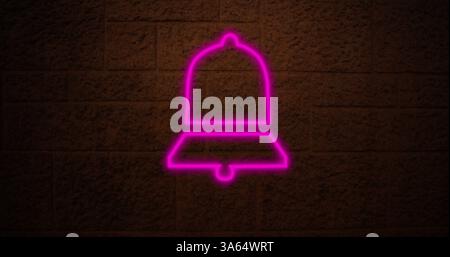 Neon pink bell glowing against dark brick wall, creating vibrant ...