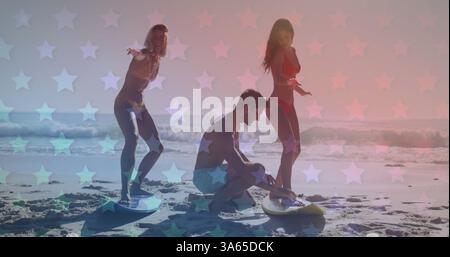 Multiple blinking stars against group of friends walking together on ...