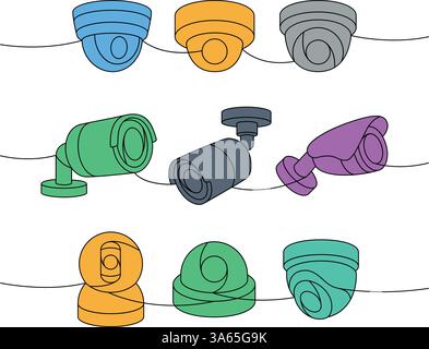 Security cameras one line colored continuous drawing. External ...