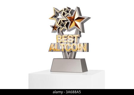 Golden bitcoin coin on podium on holographic, abstract, neon background ...