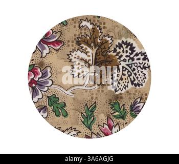 A circular fabric pattern featuring intricate floral designs in vibrant ...