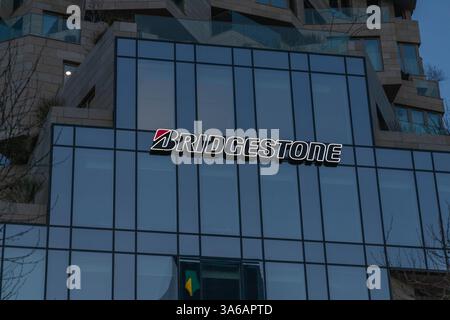 Bridgestone logo on the glass valley building in Amsterdam. Bridgestone ...