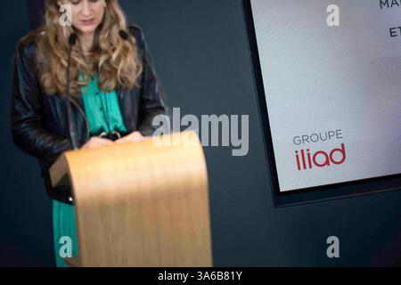 Aude Durand talks during a press conference to present the group's 2024 ...
