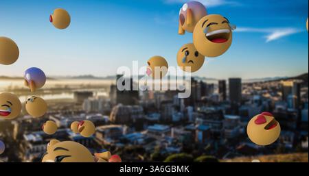 Floating emojis expressing various emotions over city skyline at sunset ...