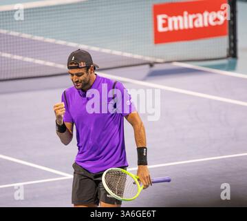 March 9, 2025: Matteo Berrettini of Italy hits a shot against Stefano Tsitsipas of Greece in ...