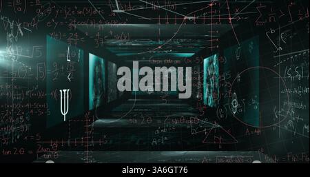 Mathematical equations floating against screens with mathematical ...