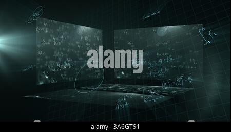 Mathematical equations floating against screens with mathematical ...