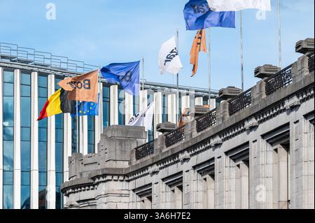 Flags at the concert hall and center for fine arts Bozar, Brussels city ...