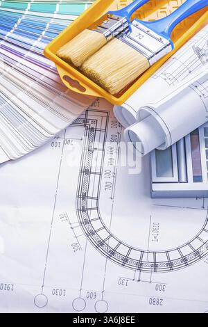 Color palette and blueprints with calculator Stock Photo - Alamy