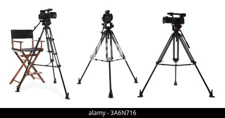 Modern video camera with tripod and director`s chair on white ...