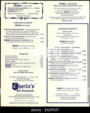 A 1979 bi-fold menu from Charlie's Cafe Exceptionale features a variety ...
