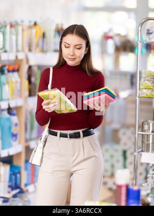 cleaning woman detergent rags sponges protective gloves Stock Photo - Alamy