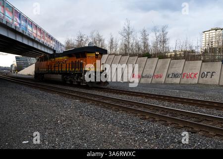 Seattle, USA. 24th Mar 2025. Anti Elon Musk graffiti on the Seattle ...