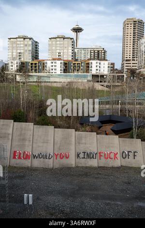 Seattle, USA. 24th Mar 2025. Anti Elon Musk graffiti on the Seattle ...