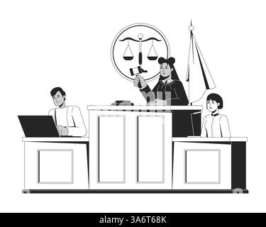 Latina female judge in courtroom holding gavel 2D cartoon characters ...