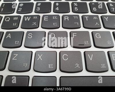 Close-up of a QWERTY keyboard featuring both English and Arabic letters ...