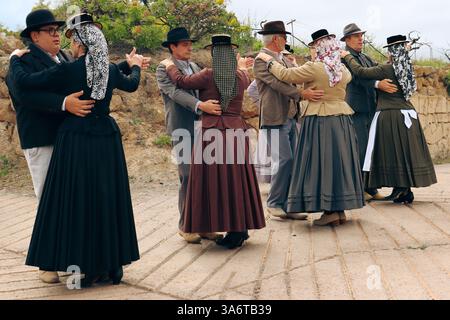 canarian folkloric group with their typical costume in full dance ...