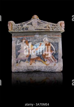 A rare Etruscan full length painted sarcophagus with paintings ...