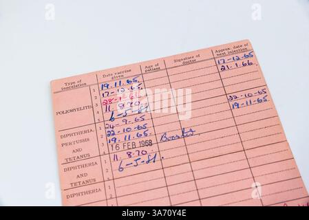 Child's vaccination report card from 1960s. Immunisation inoculation ...