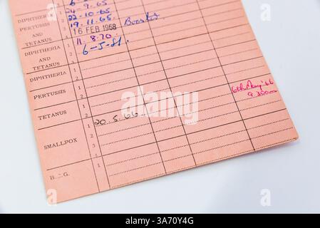 Child's vaccination report card from 1960s. Immunisation inoculation ...