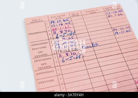 Child's vaccination report card from 1960s. Immunisation inoculation ...