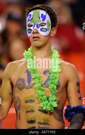 A Seattle Seahawks fan watches the Seahawks warm prior to an NFL ...