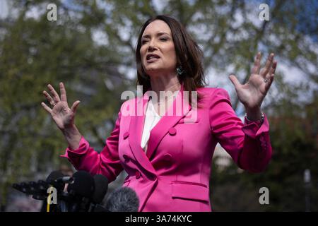 Agriculture Secretary Brooke Rollins speaks with reporters following a ...