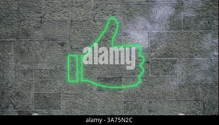 Neon green thumbs up glowing against dark brick wall, symbolizing ...