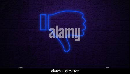 Neon blue thumbs down symbol glowing against dark brick wall background ...