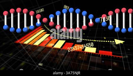 Image of dna strand over data processing and world map. Global science ...