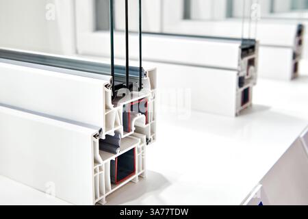 Sectional frame window of plastic insulating glass unit in store Stock ...