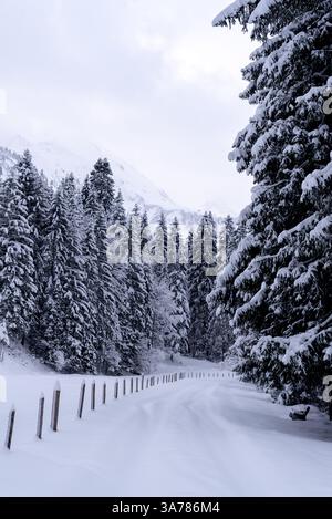Snow-covered road passing through alpine valley in the Bavarian Alps ...