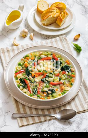Vegetarian Minestrone with zucchini, carrot, mini shell pasta, red bell ...
