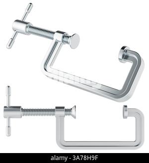Steel C-Clamps, different views. 3D rendering isolated on white ...