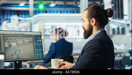 Photovoltaics factory engineer looking over paperwork documents ...